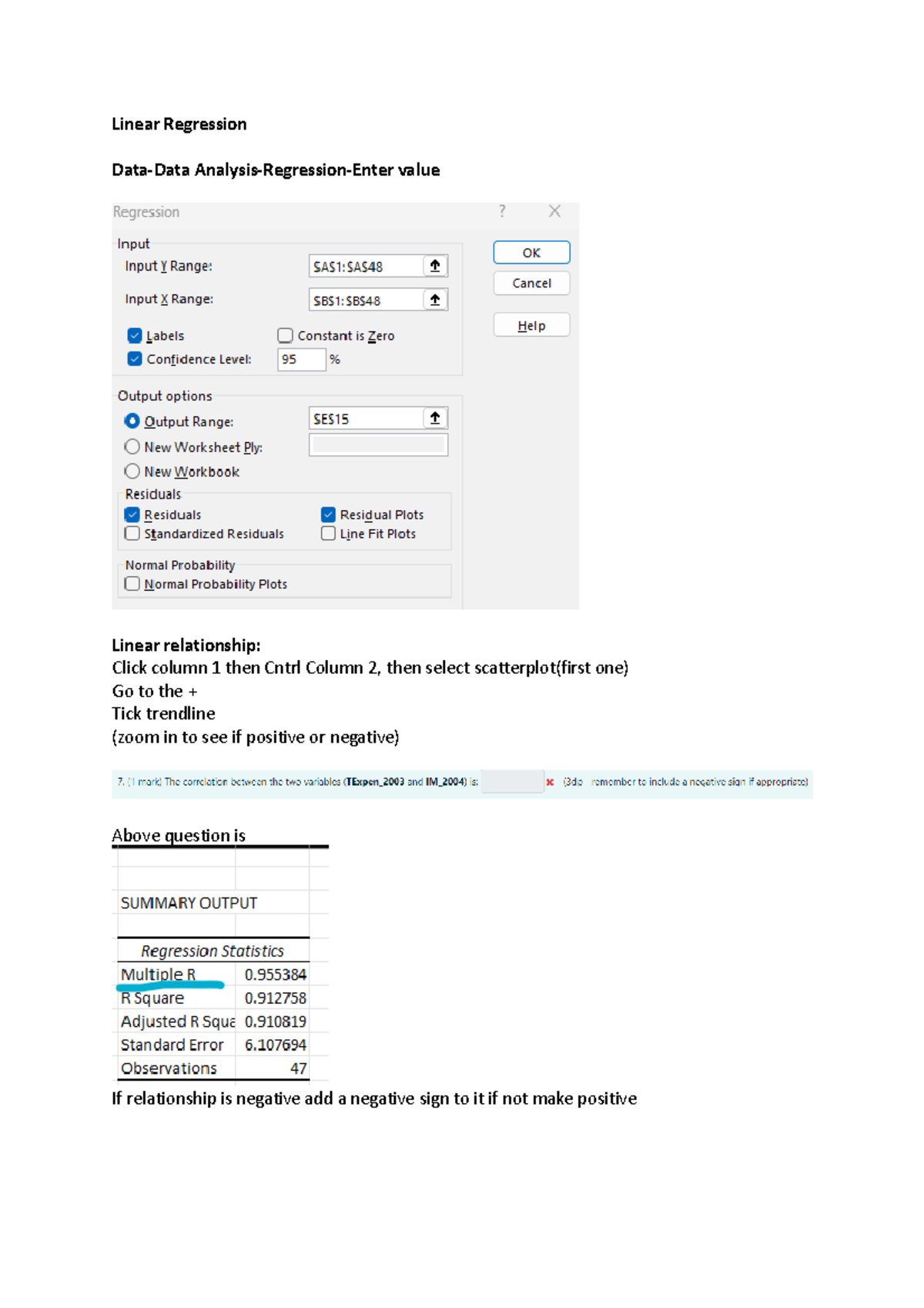 Linear Regression - Excel Report - Linear Regression Data-Data Analysis-Regression-Enter value ...
