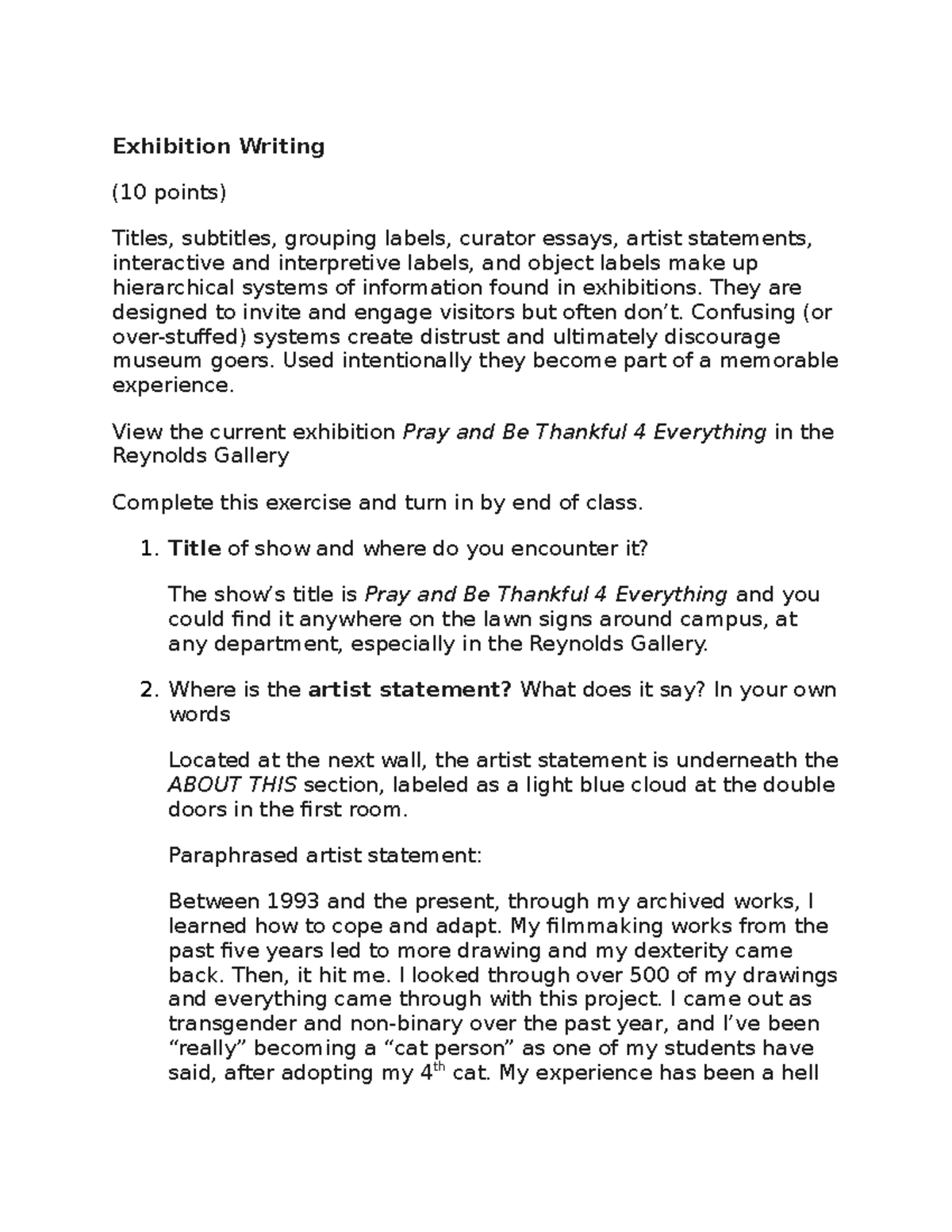 Exhibition Writing 9-30-22 - Exhibition Writing (10 points) Titles ...