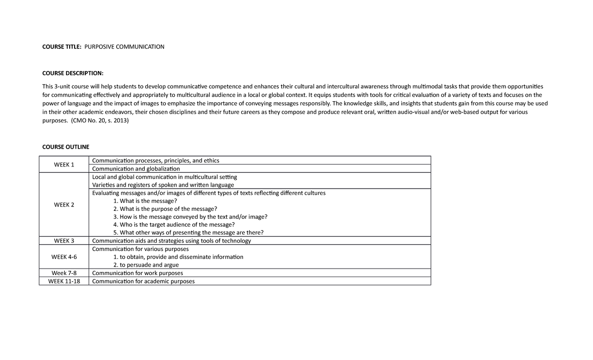 Course Syllabus Purposive Communication for college students - Physical ...