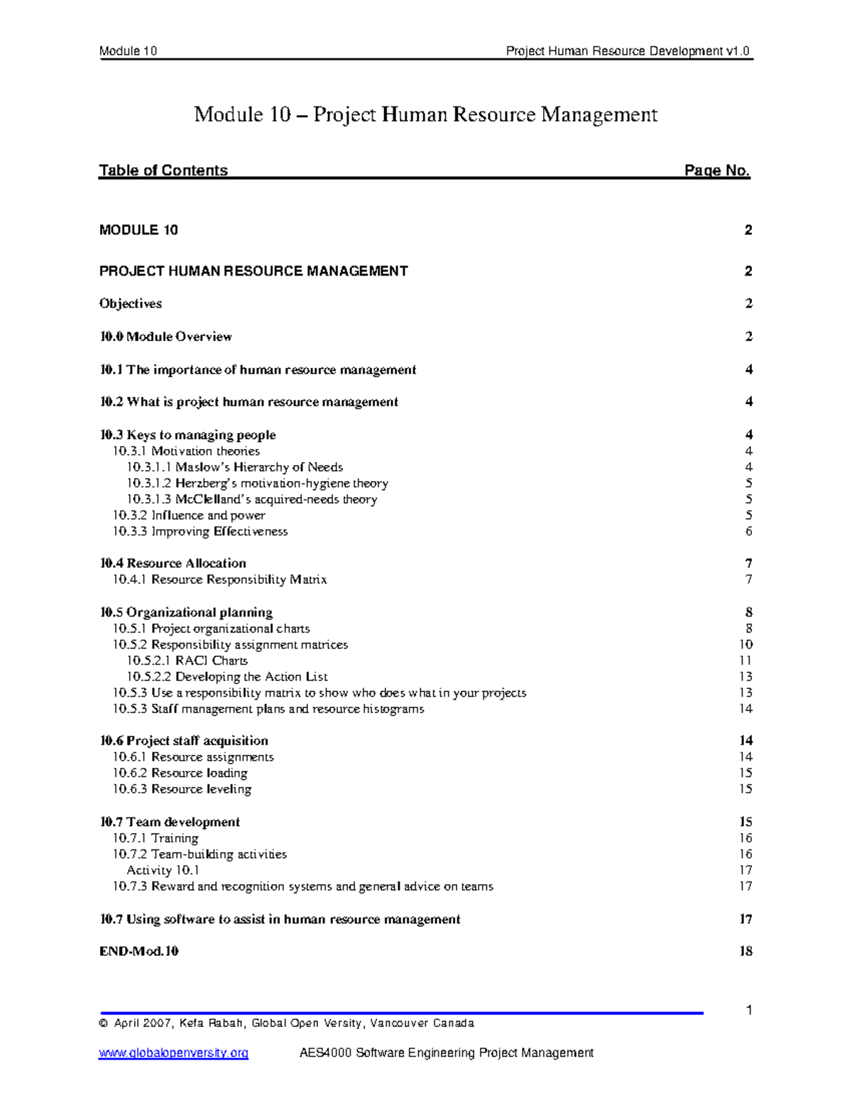 Module 10 - Project Human Resource Management v1 - © April 2007, Kefa ...
