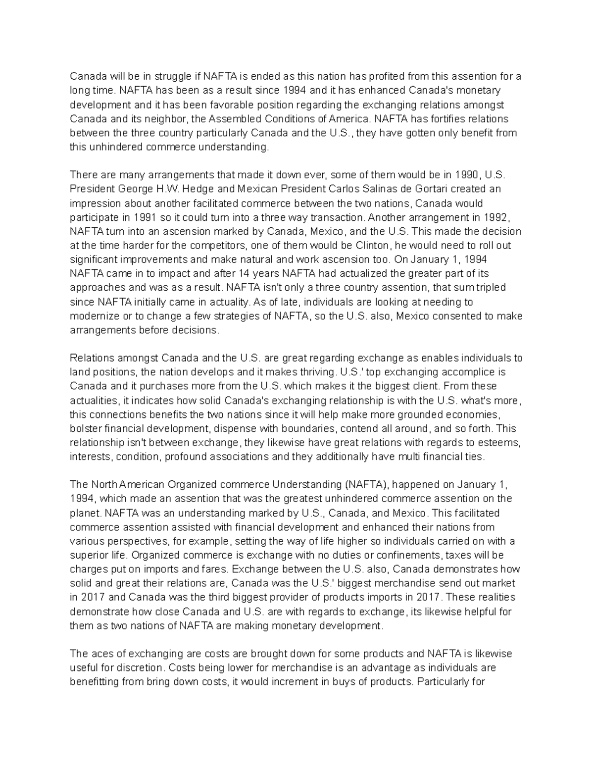 Essay - Canada will be in struggle if NAFTA is ended as this nation has ...