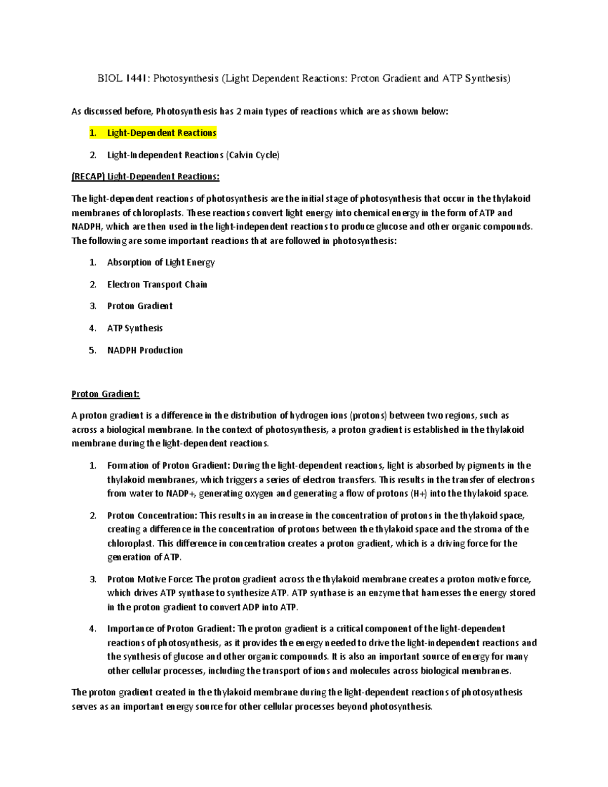 Photosynthesis (Light Dependent Reactions - Proton Gradient and ATP ...