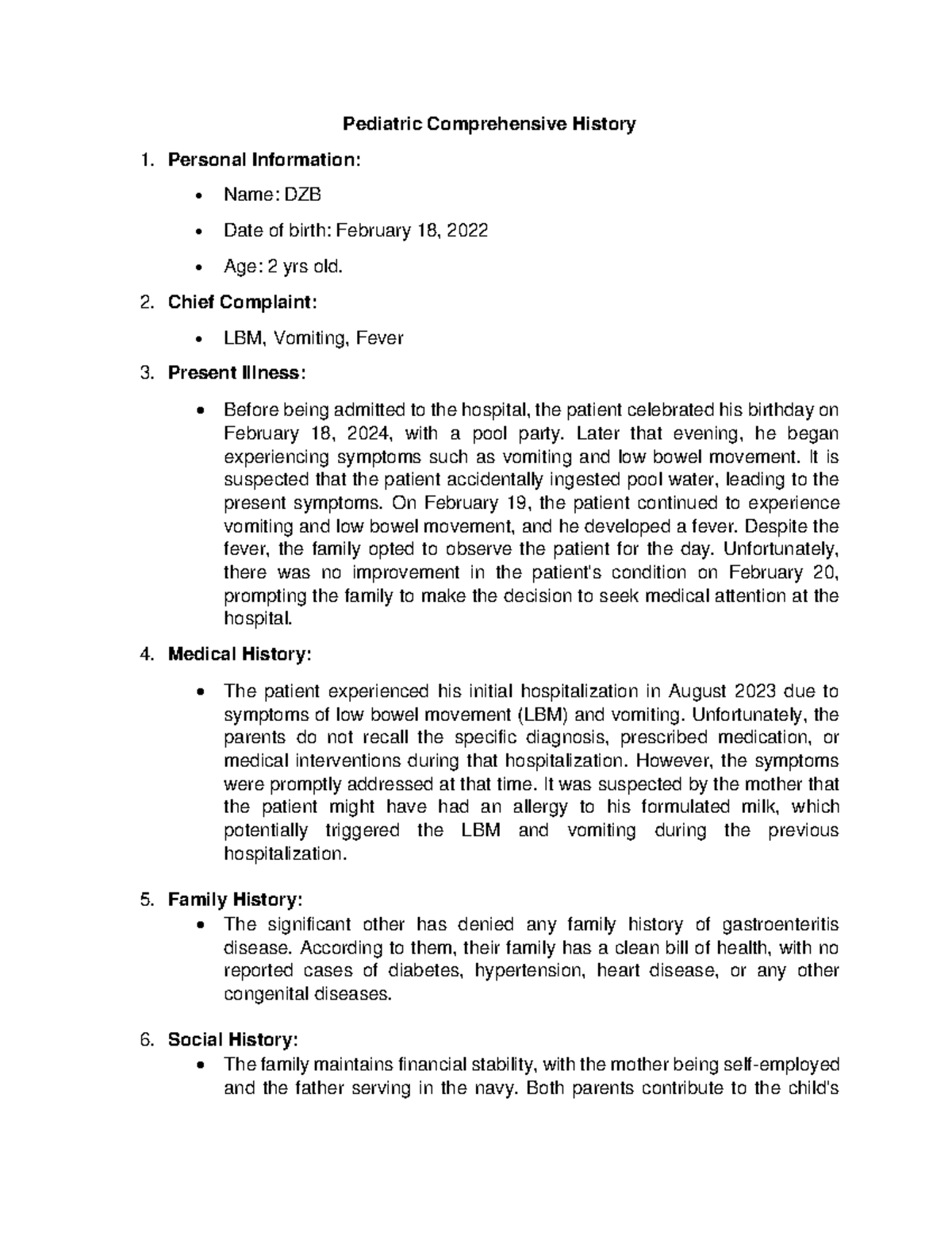 CHH - Pediatric Comprehensive Health History - Pediatric Comprehensive ...