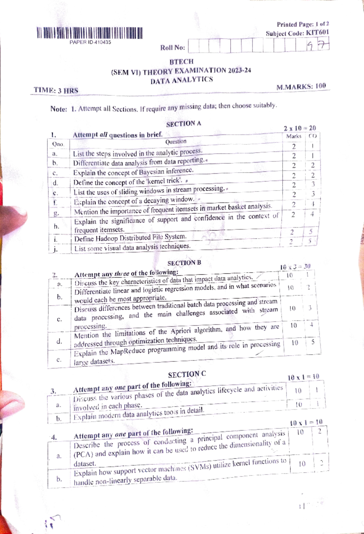 Previous Year Question paper - TIME:3 HRS Qno. a. b. d Note: 1. Attempt all Sections, If require ...