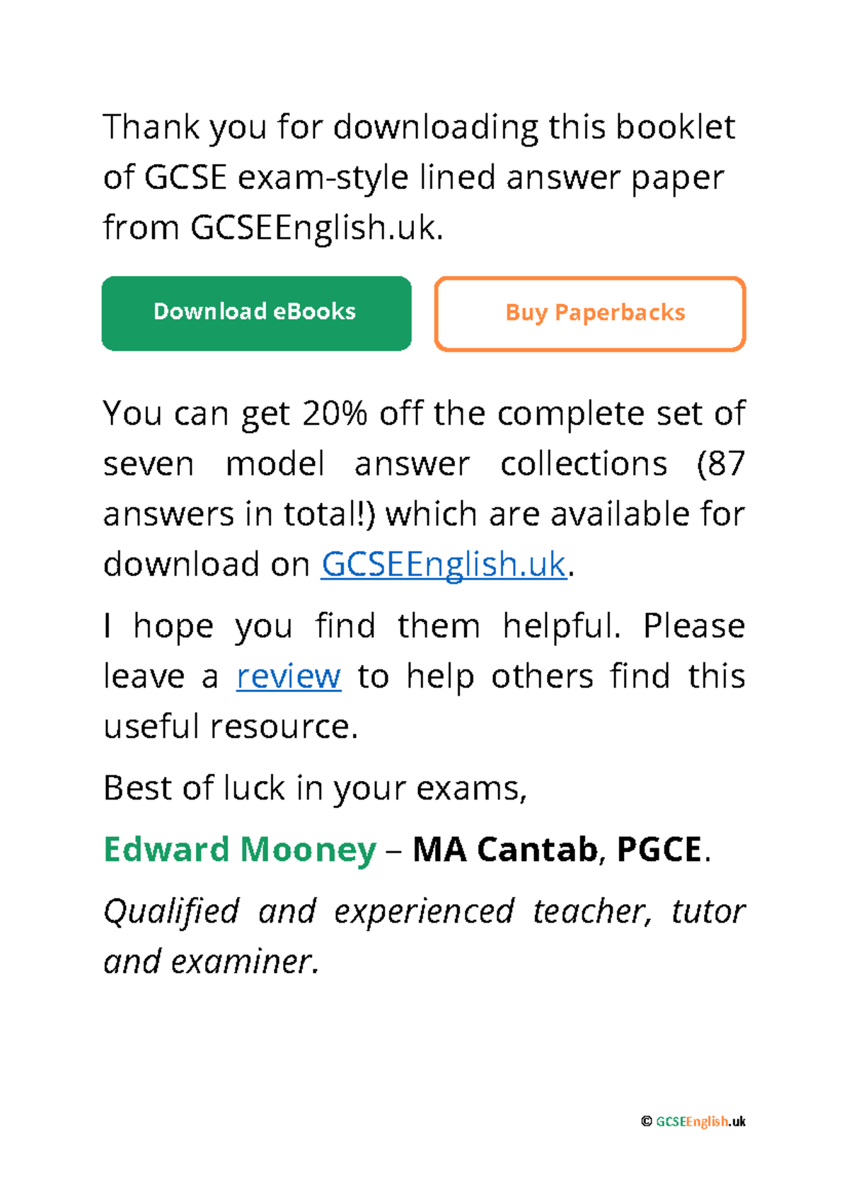 AQA - Anwser Booklet - © GCSEEnglish Thank you for downloading this ...