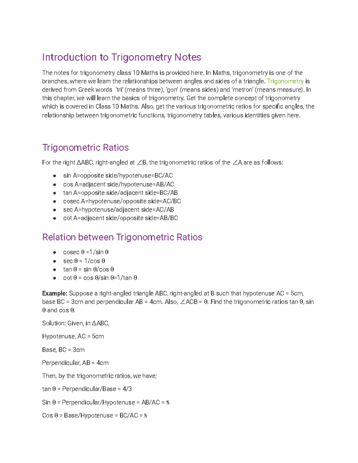 Trigonometric - notes - Introduction to Trigonometry Notes The notes ...