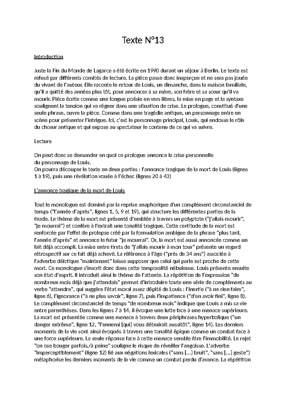 Texte 13 - Texte N° Introduction Juste la Fin du Monde de Lagarce a été écrite en 1990 durant un ...