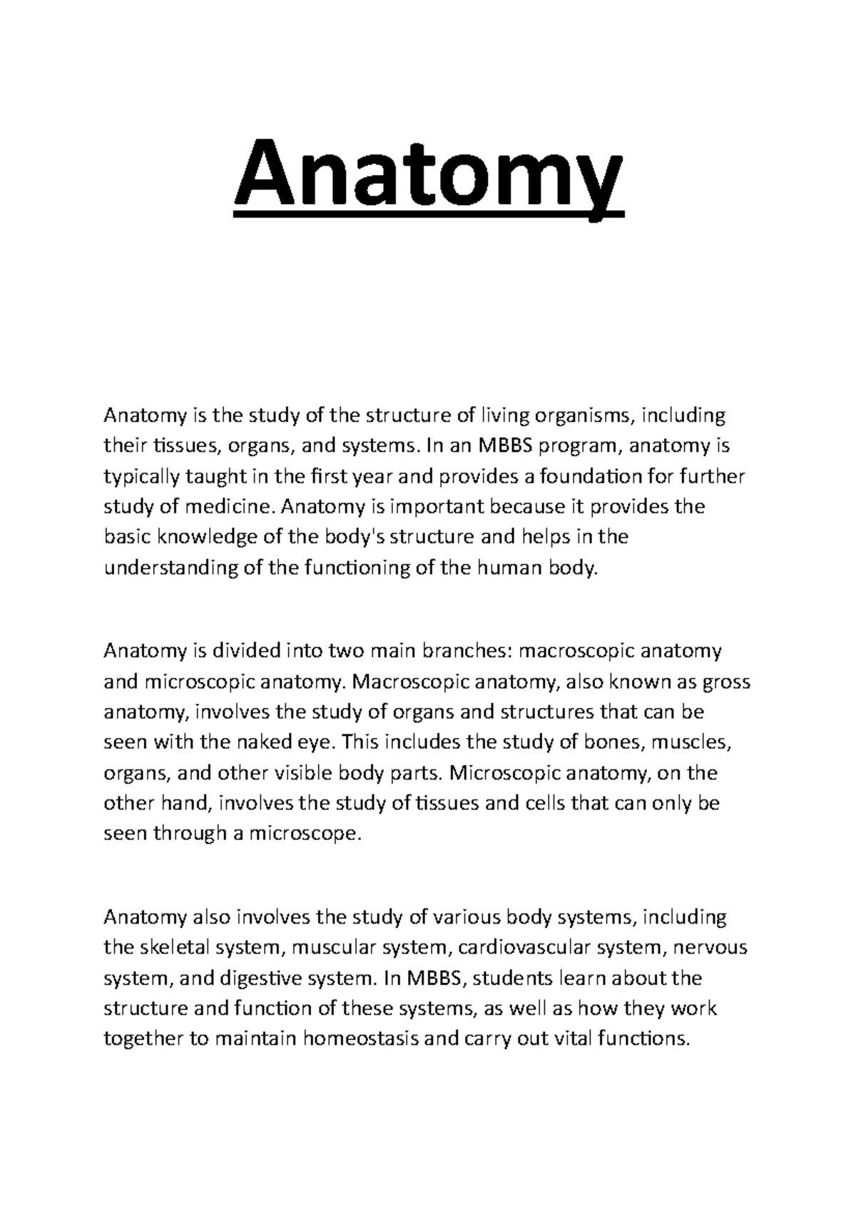 Anatomy full notes - Anatomy Anatomy is the study of the structure of ...