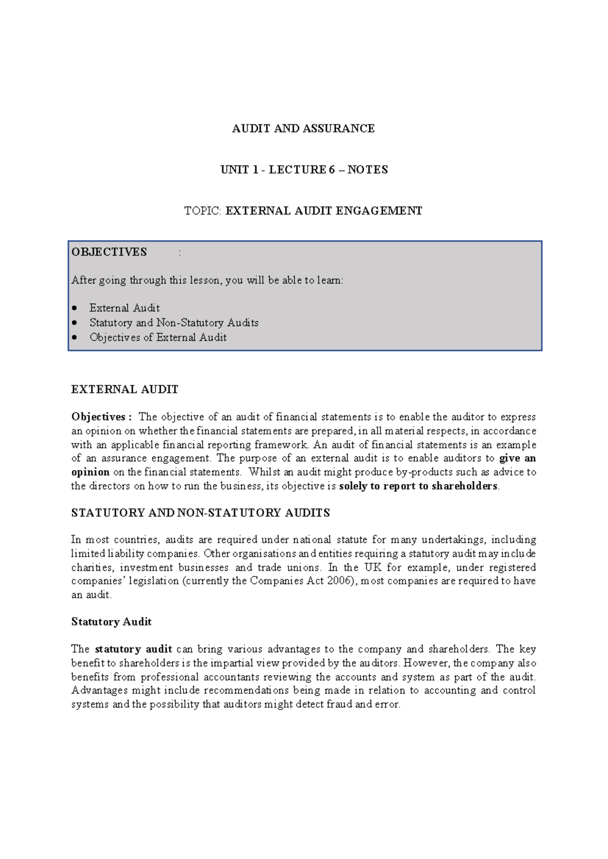 AA Unit 1 Lecture 6 - accc - AUDIT AND ASSURANCE UNIT 1 - LECTURE 6 ...