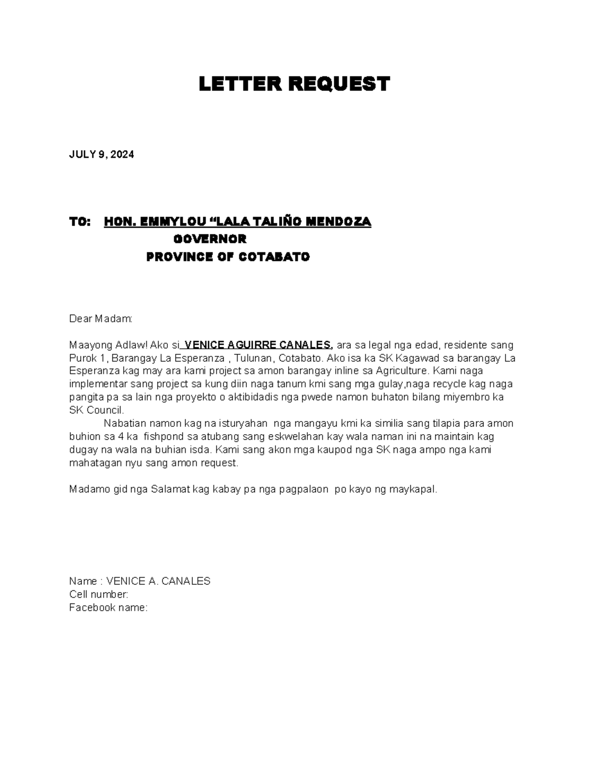 SK Letter Request - fingerlings - LETTER REQUEST JULY 9, 2024 TO: HON ...