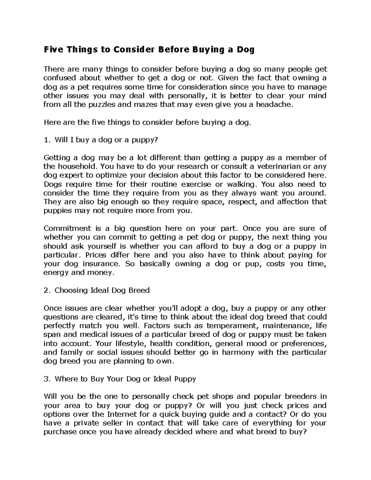 Copy of Five Things to Consider Before Buying a Dog - Five Things to ...