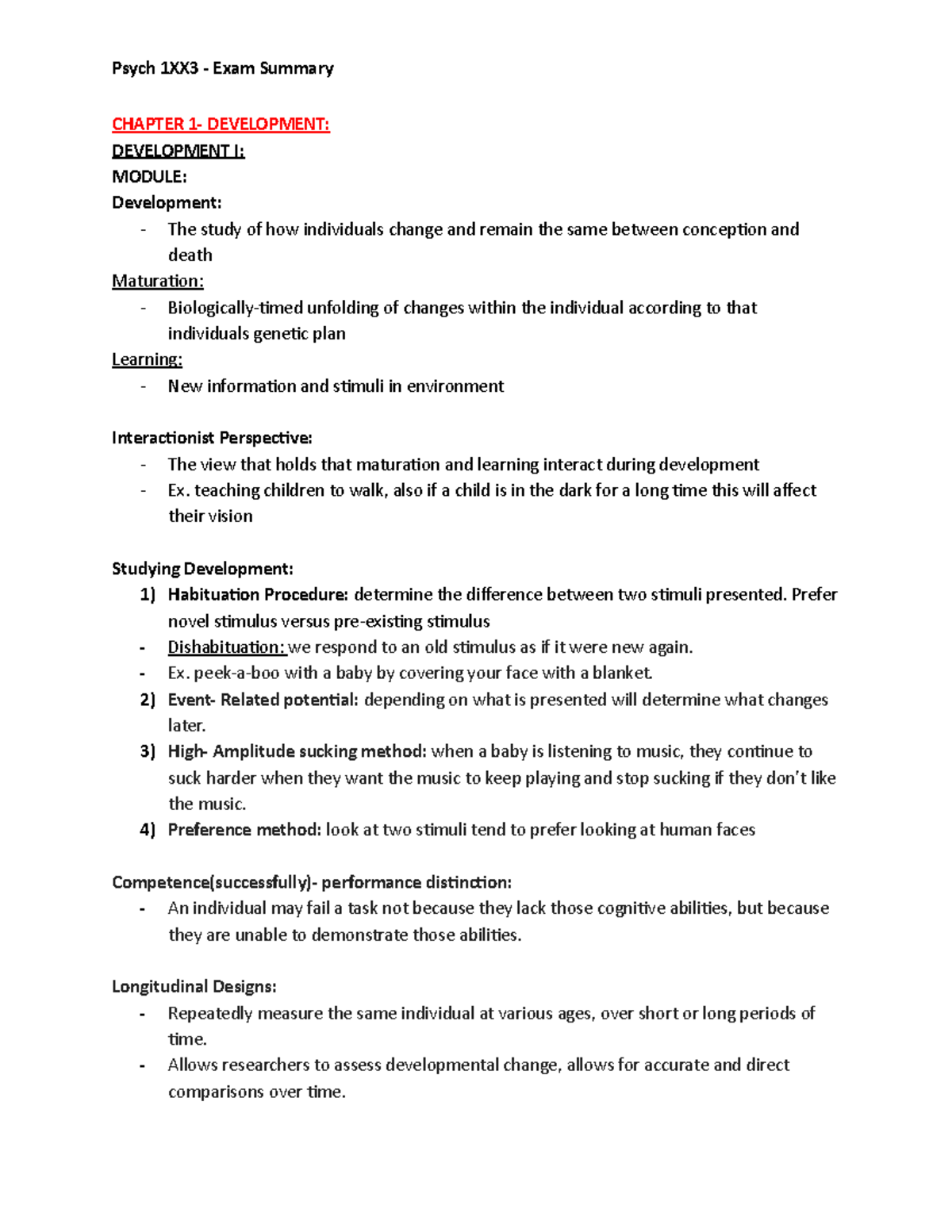 Psych 1XX3- Exam Summary - CHAPTER 1- DEVELOPMENT: DEVELOPMENT I ...