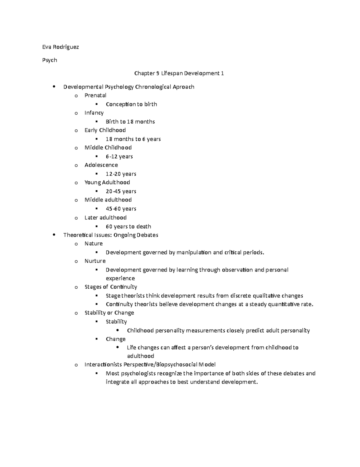 Psych Ch. 9 Lecture - Eva Rodriguez Psych Chapter 9 Lifespan Development 1 Developmental - Studocu