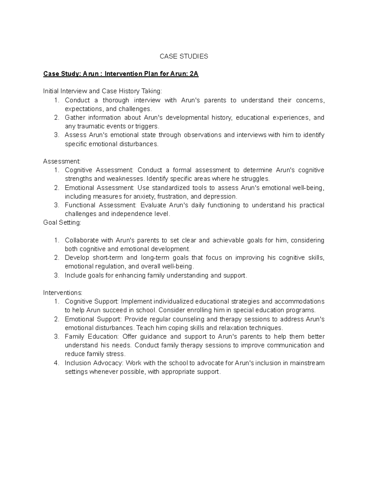 CASE Studies - CASE STUDIES Case Study: Arun : Intervention Plan for ...