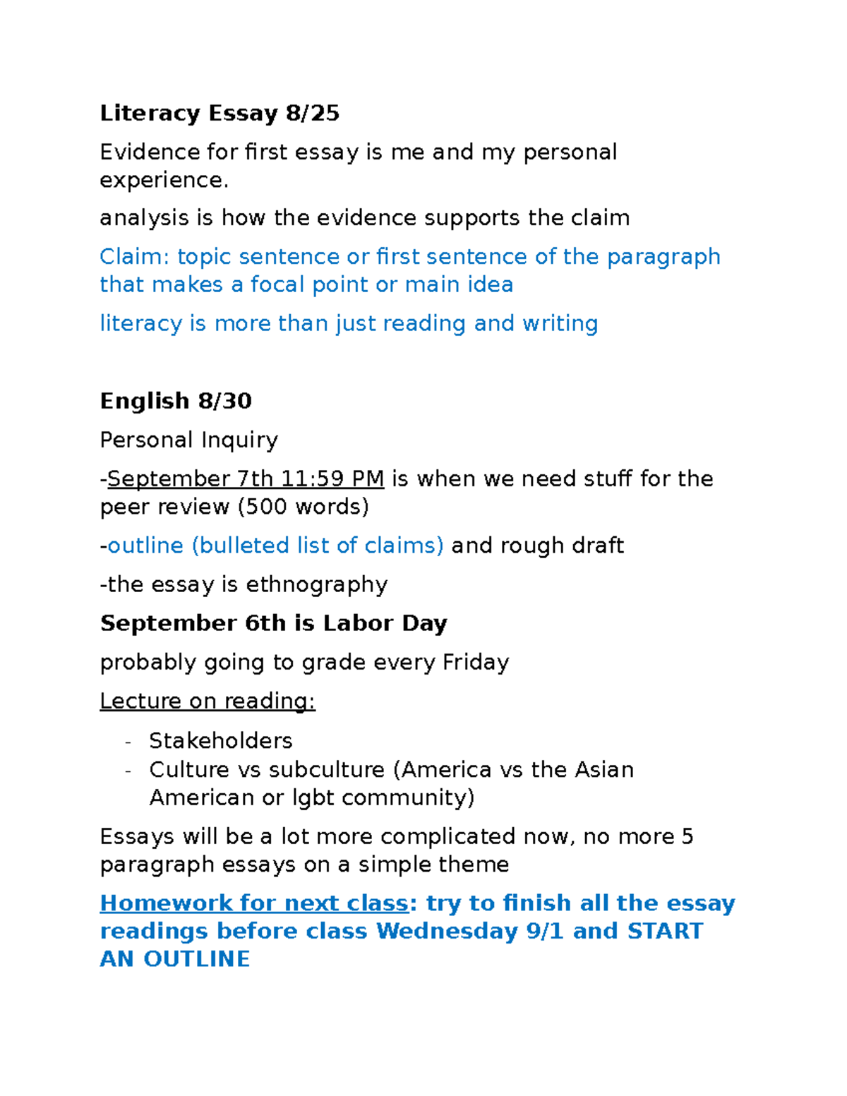 English Lecture Notes - Literacy Essay 8/ Evidence for first essay is ...