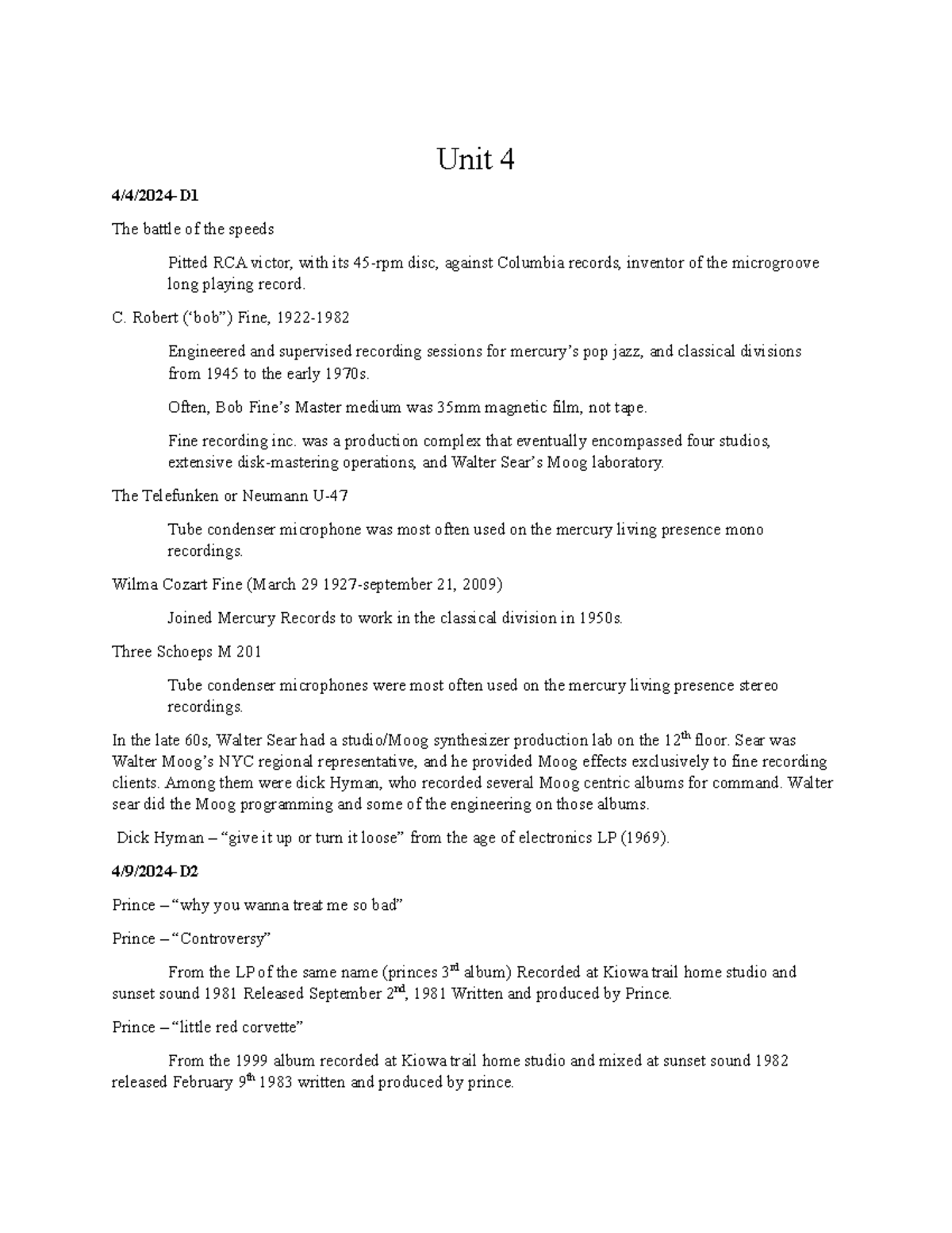 History of Music Production Unit 4 notes - Unit 4 4/4/2024-D The battle ...