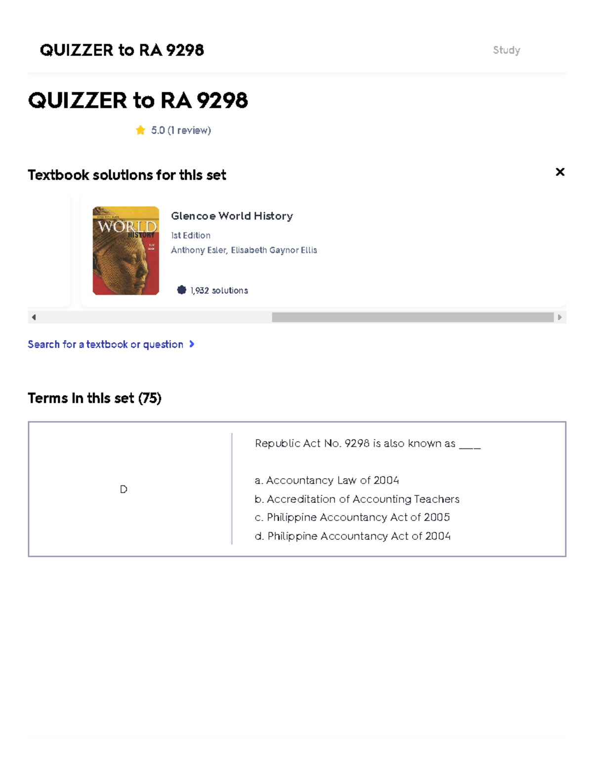 Quizzer to RA 9298 Flashcards Quizlet-1 - QUIZZER to RA 9298 5 (1 review) Terms in this set (75 ...