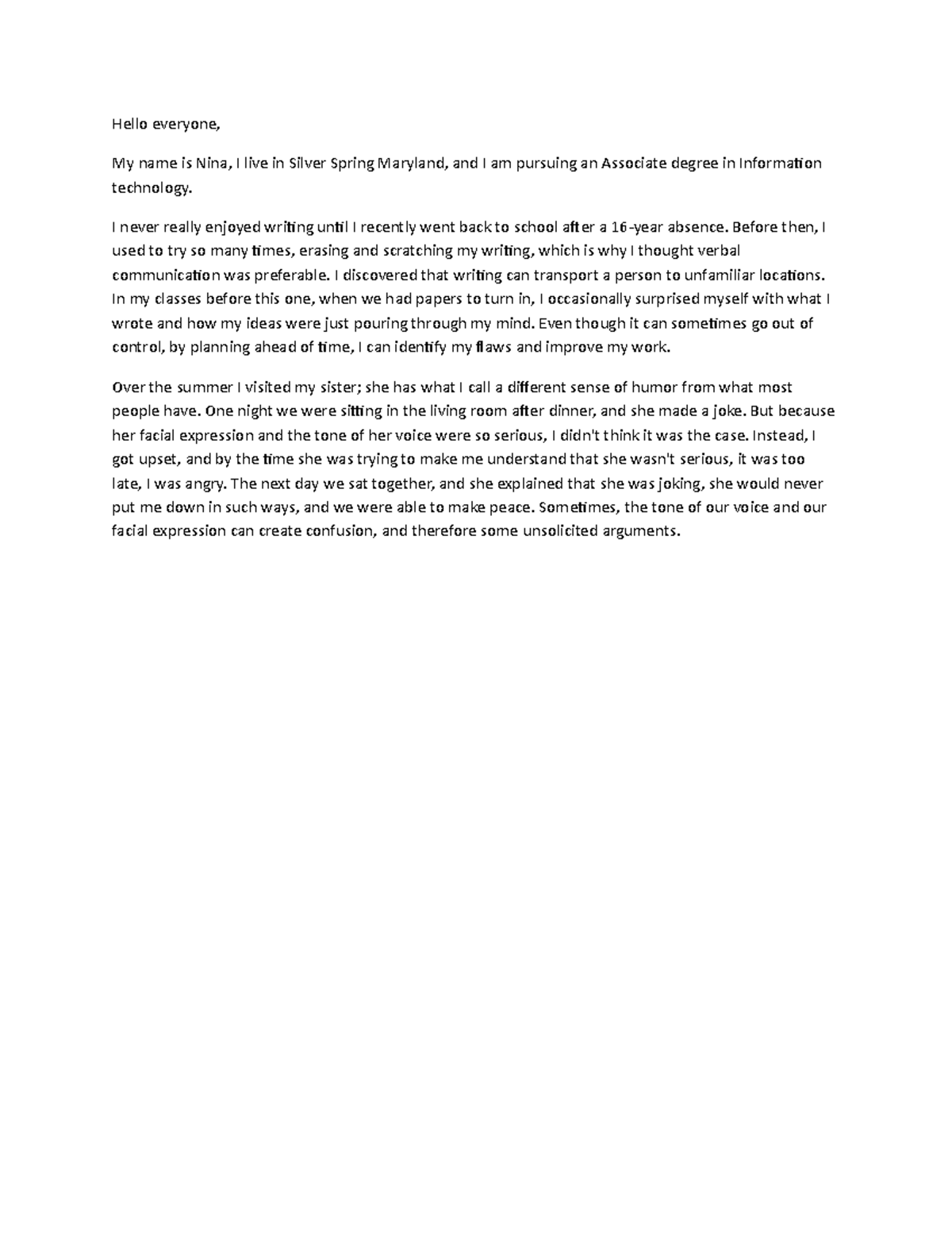 IT-226 Week 1 discussion - Hello everyone, My name is Nina, I live in ...