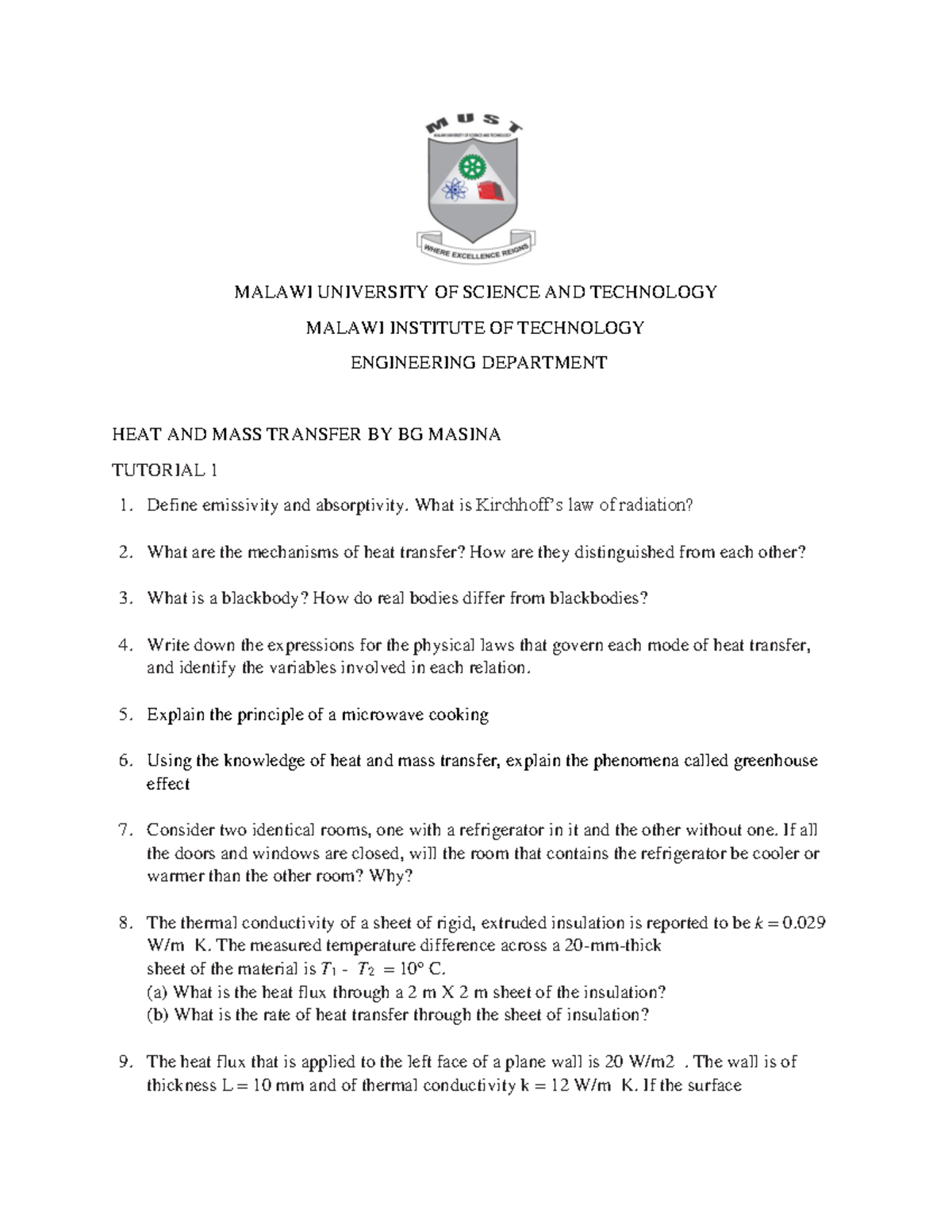 Tutorial 1 HEMT 320 - Understanding the transfer of heat and mass ...