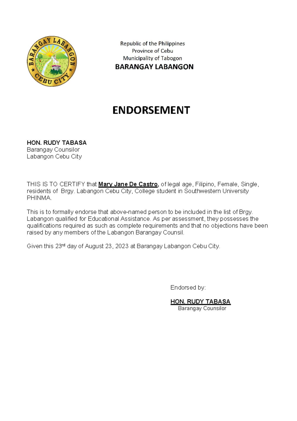 Endorsement - Endorsement - ENDORSEMENT HON. RUDY TABASA Barangay ...