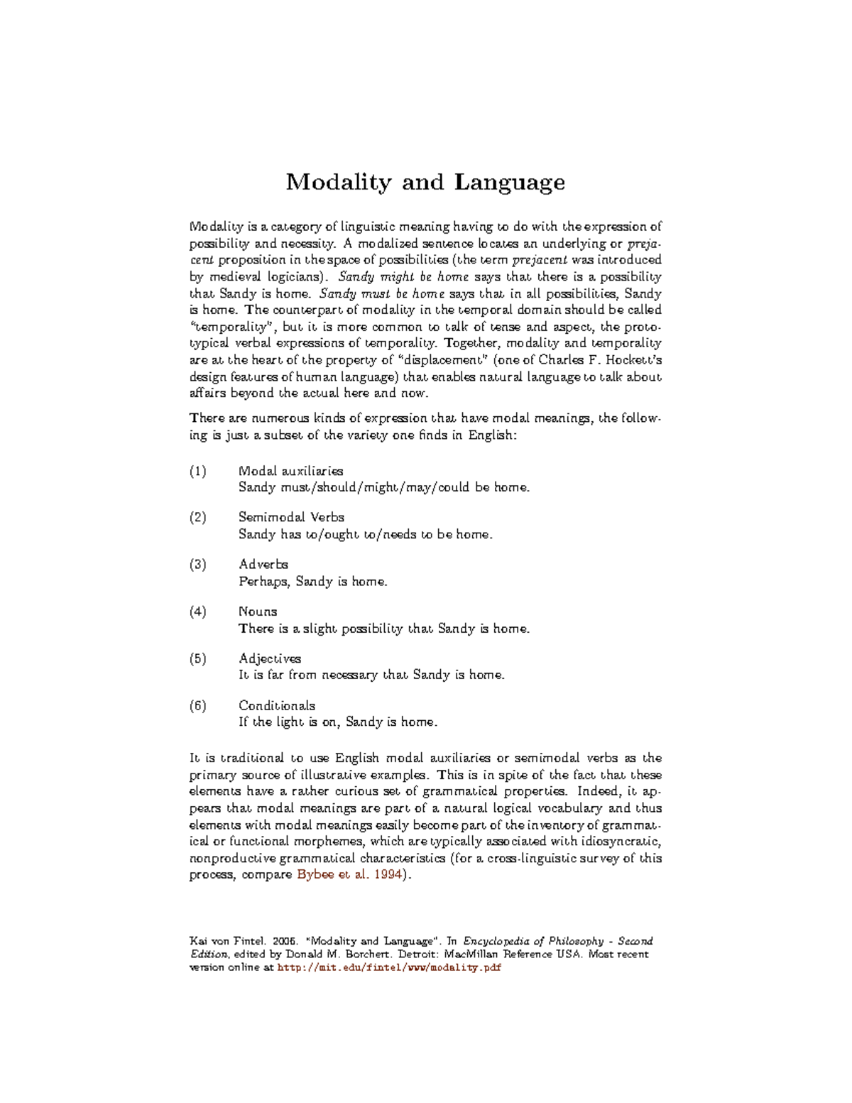 Fintel-2006-modality - Modality and Language Modality is a category of ...