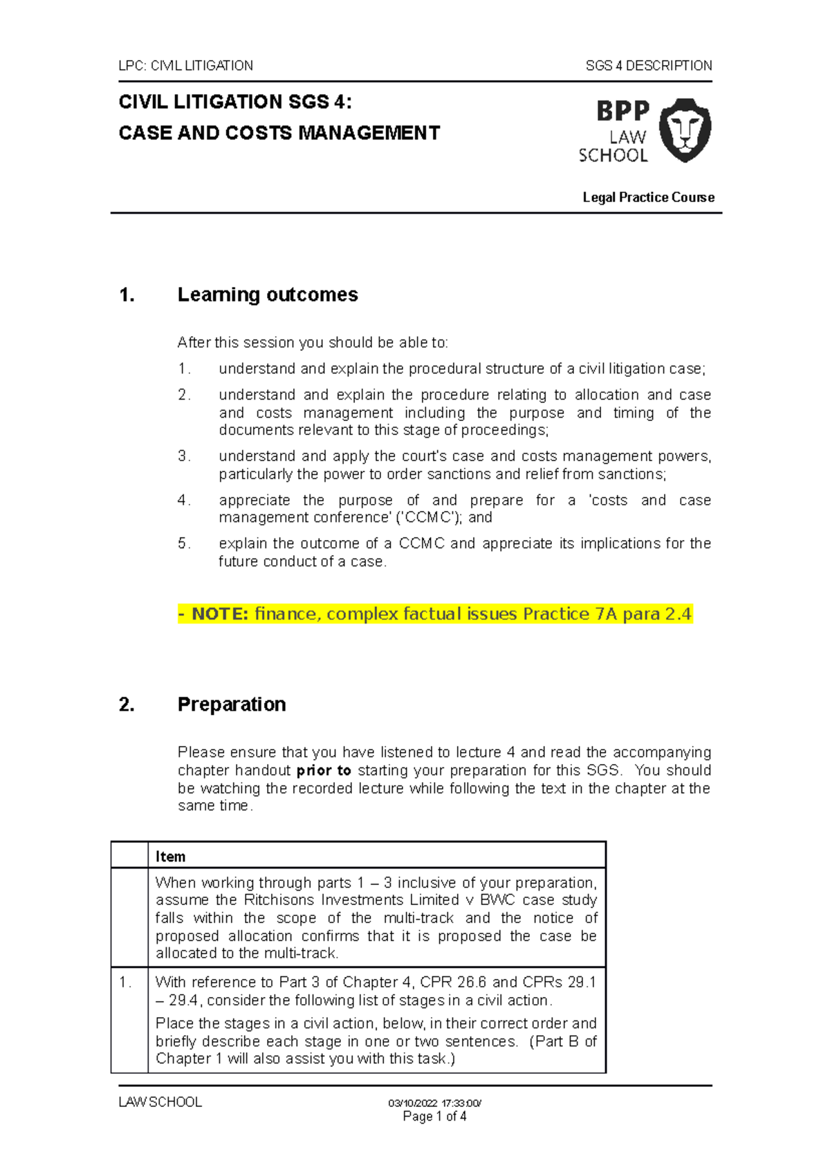 Civil Litigation SGS 4 Description 22 23 - LPC: CIVIL LITIGATION SGS 4 ...