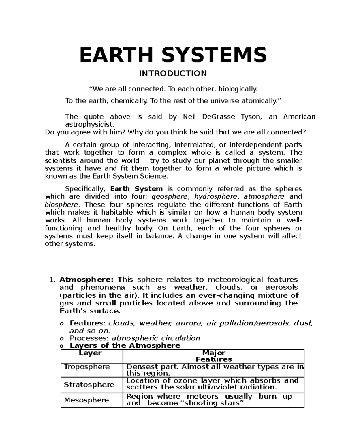 The Earths Systems - Grade 12 STEM - Studocu