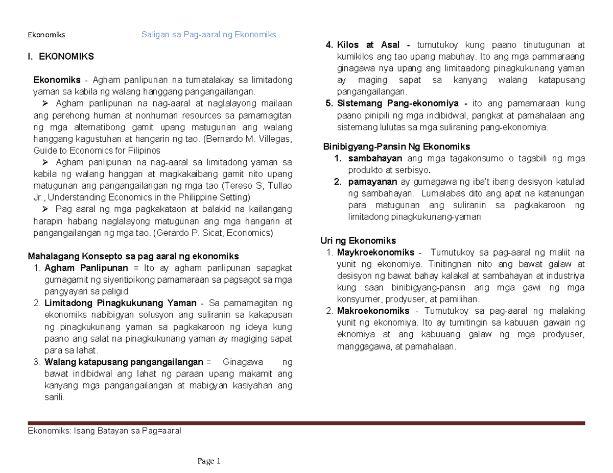 Batayan sa Pag-aaral ng Ekonomiks - Ekonomiks Saligan sa Pag-aaral ng Ekonomiks I. EKONOMIKS ...