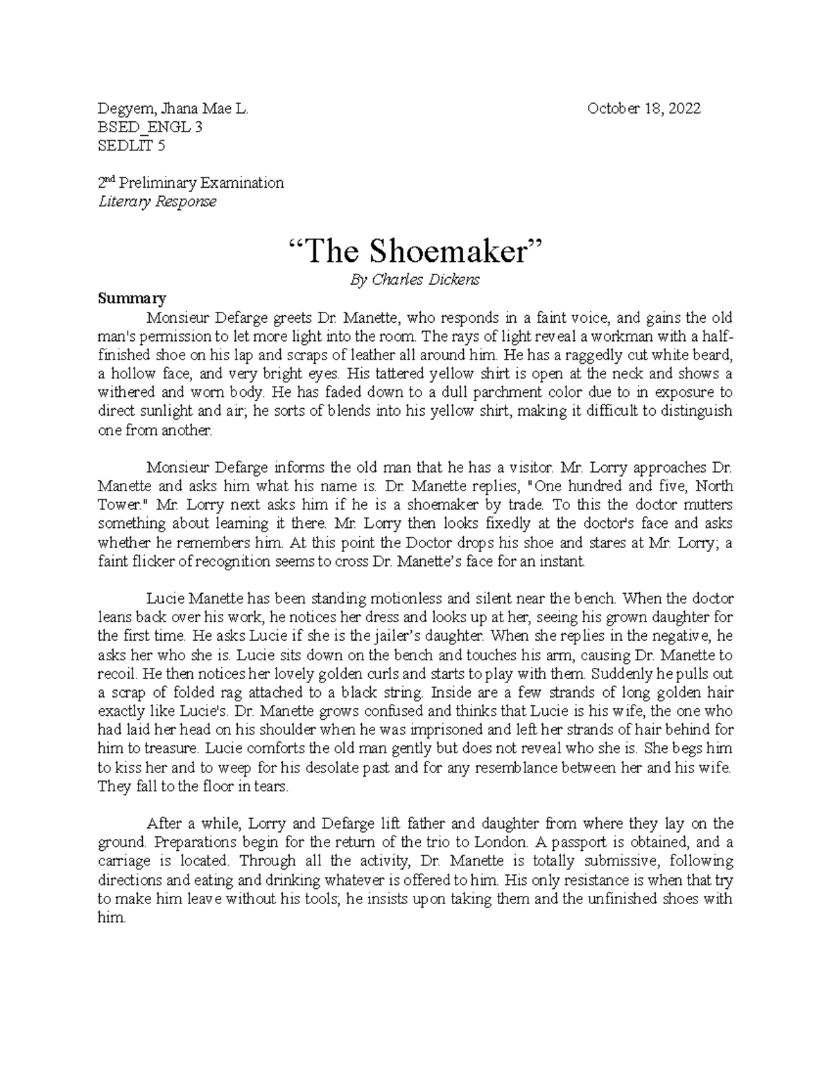 The shoemaker - Read it - Degyem, Jhana Mae L. October 18, 2022 BSED ...