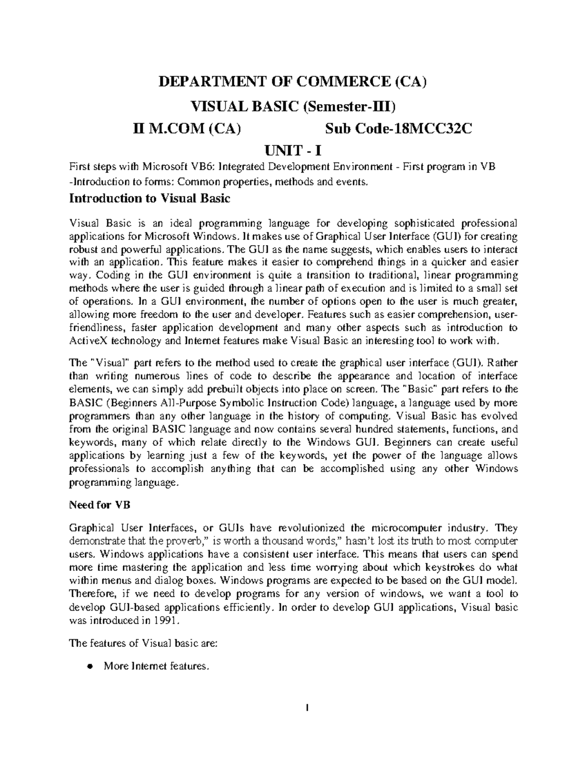 Mcom ca unit 1 vb - MMKM - DEPARTMENT OF COMMERCE (CA) VISUAL BASIC ...