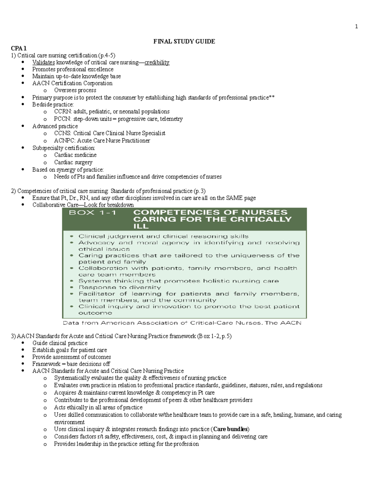 Critical Care SG Final - FINAL STUDY GUIDE CPA 1 Critical care nursing ...