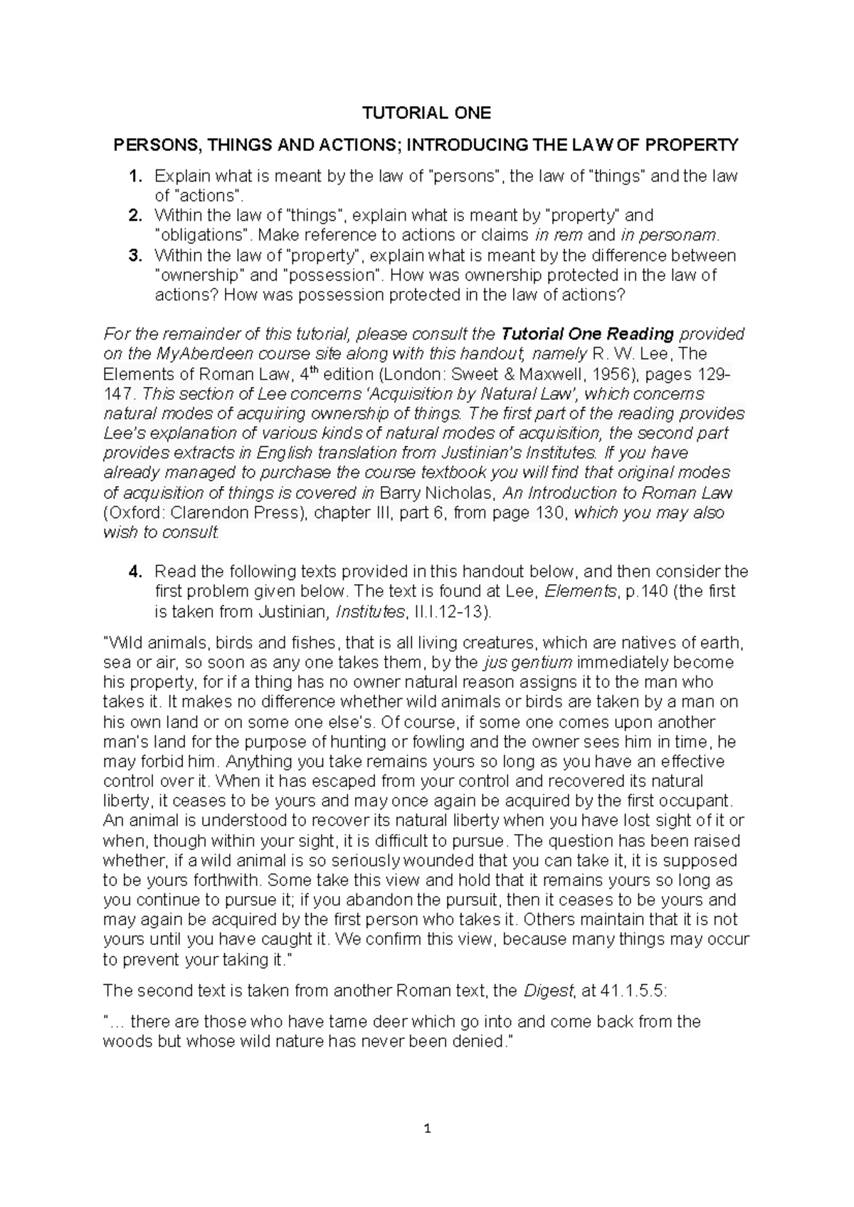 Foundations of Private Law Tutorial One - TUTORIAL ONE PERSONS, THINGS ...