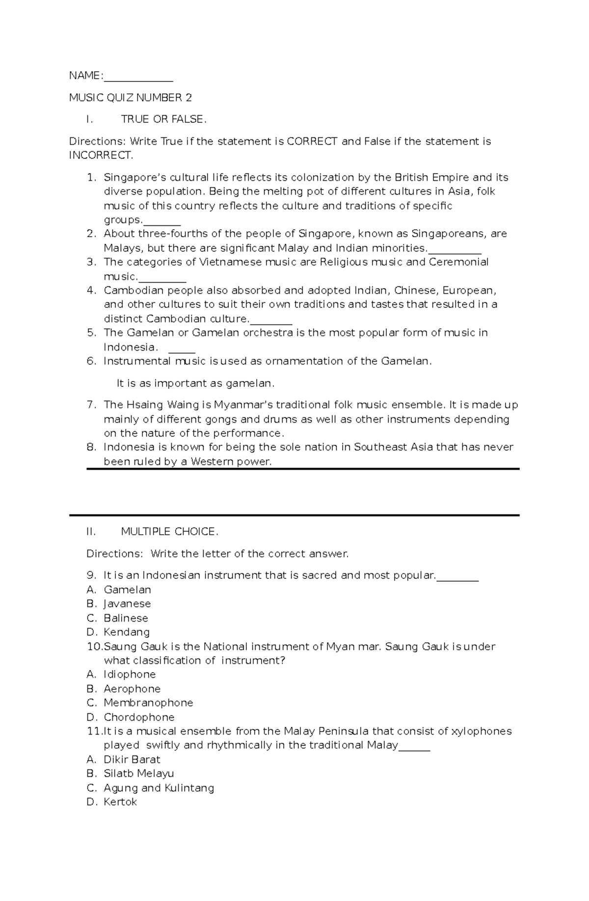 Quiz number 2 music 8 - quiz - NAME:_____________ MUSIC QUIZ NUMBER 2 I ...