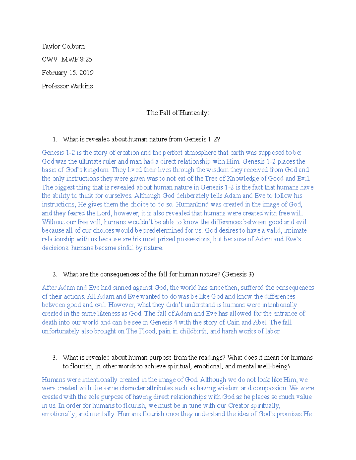 Fall of humanity - Taylor Colburn CWV- MWF 8: February 15, 2019 ...