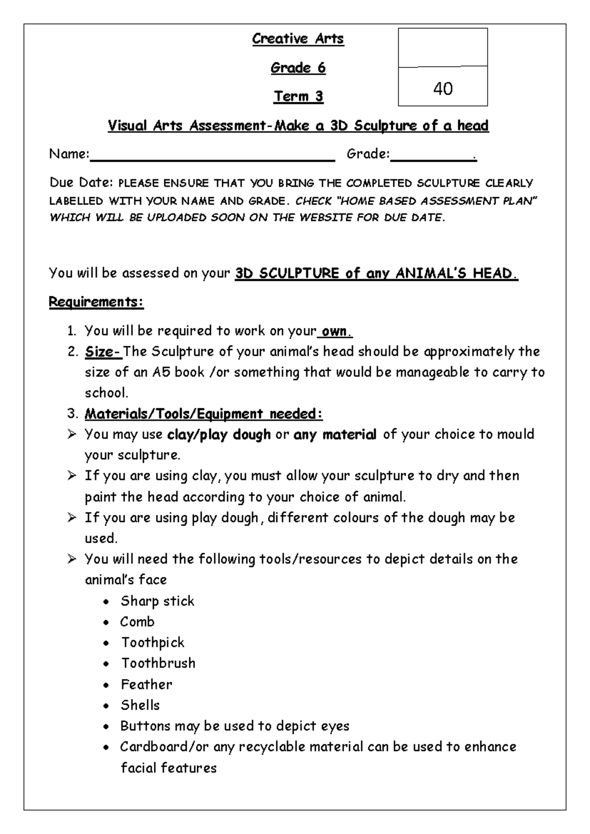 Creative arts grade 6 assessment sculture of animal head term 3 hbl ...