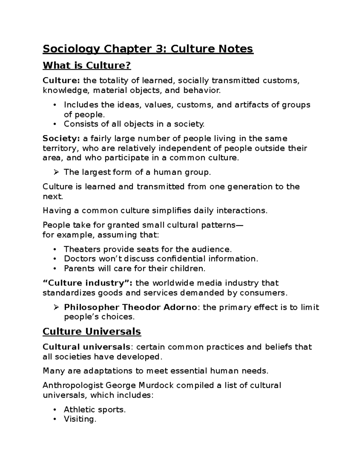 Sociology Chapter 3 Notes - Sociology Chapter 3: Culture Notes What is ...