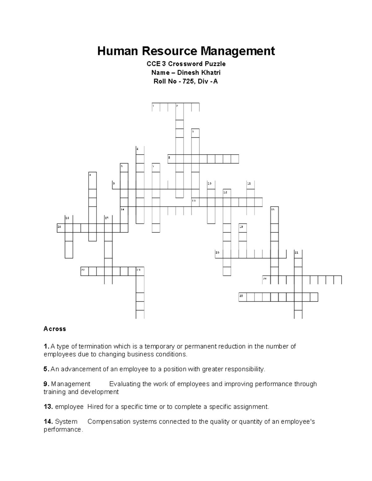 CCE 3 Dinesh BA 725 - Human Resource Management CCE 3 Crossword Puzzle ...