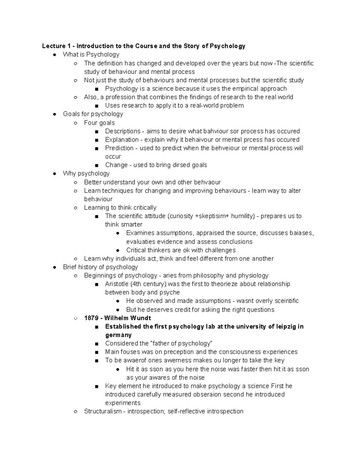 Psychology Class notes - Lecture 1 - Introduction to the Course and the ...