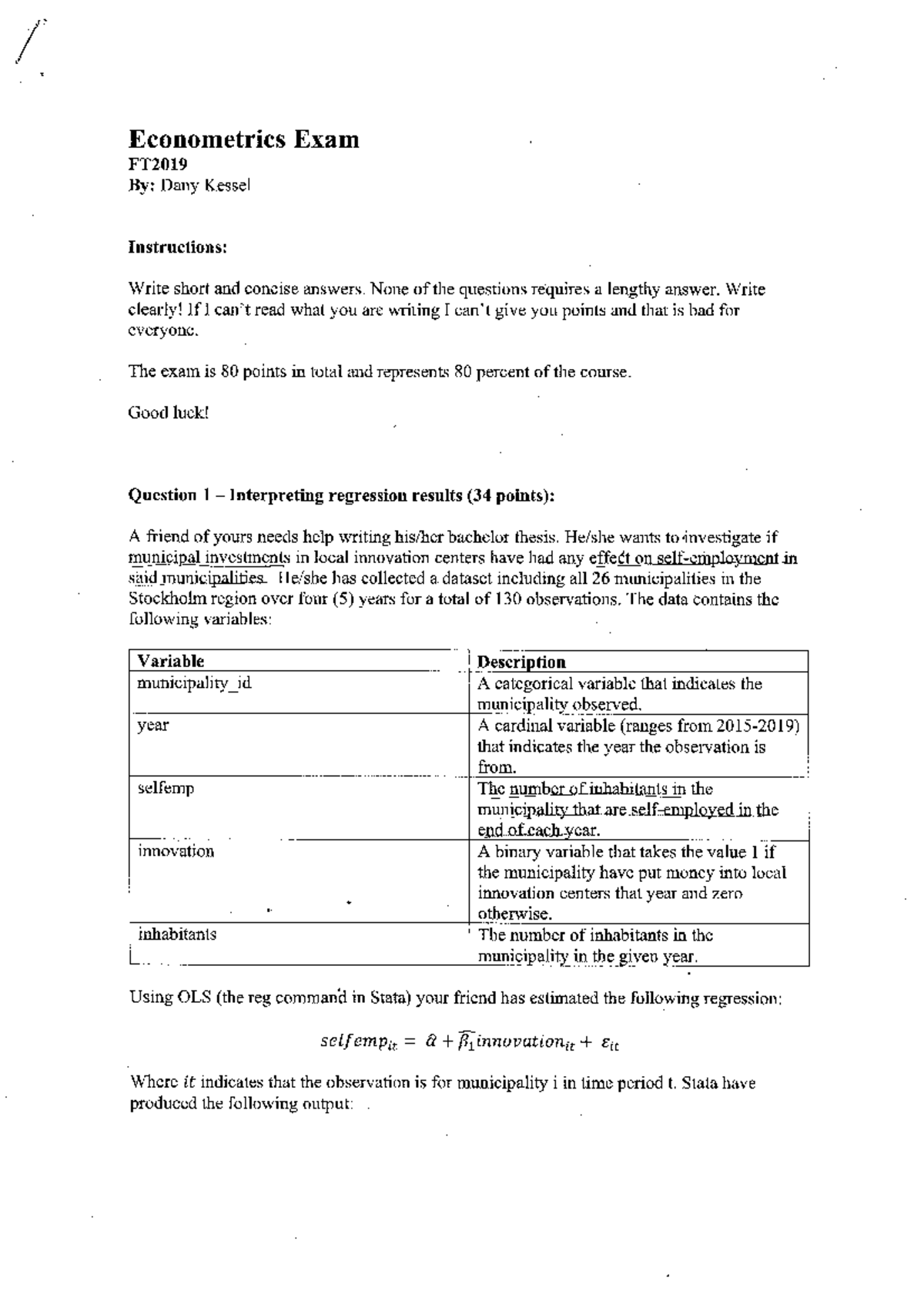 Econometrics+exam 2019-11-04 - 0000 - Studocu