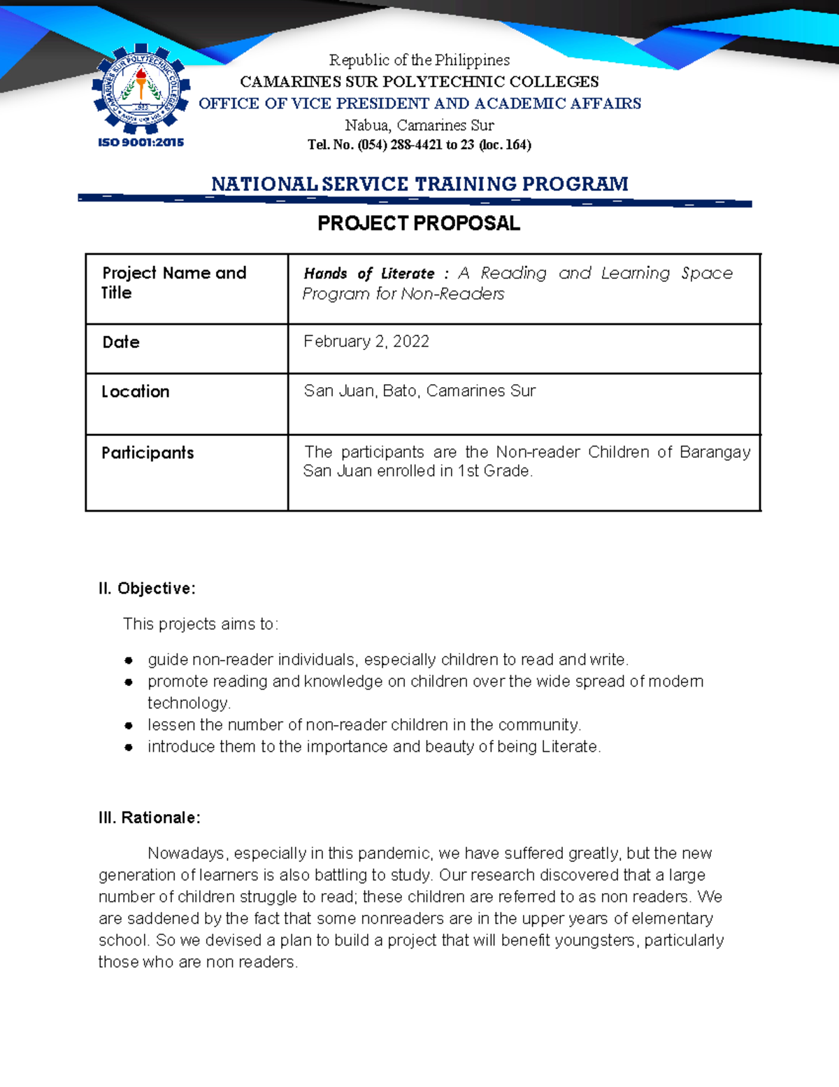 Bsned-1A Project-Proposal - CAMARINES SUR POLYTECHNIC COLLEGES OFFICE ...