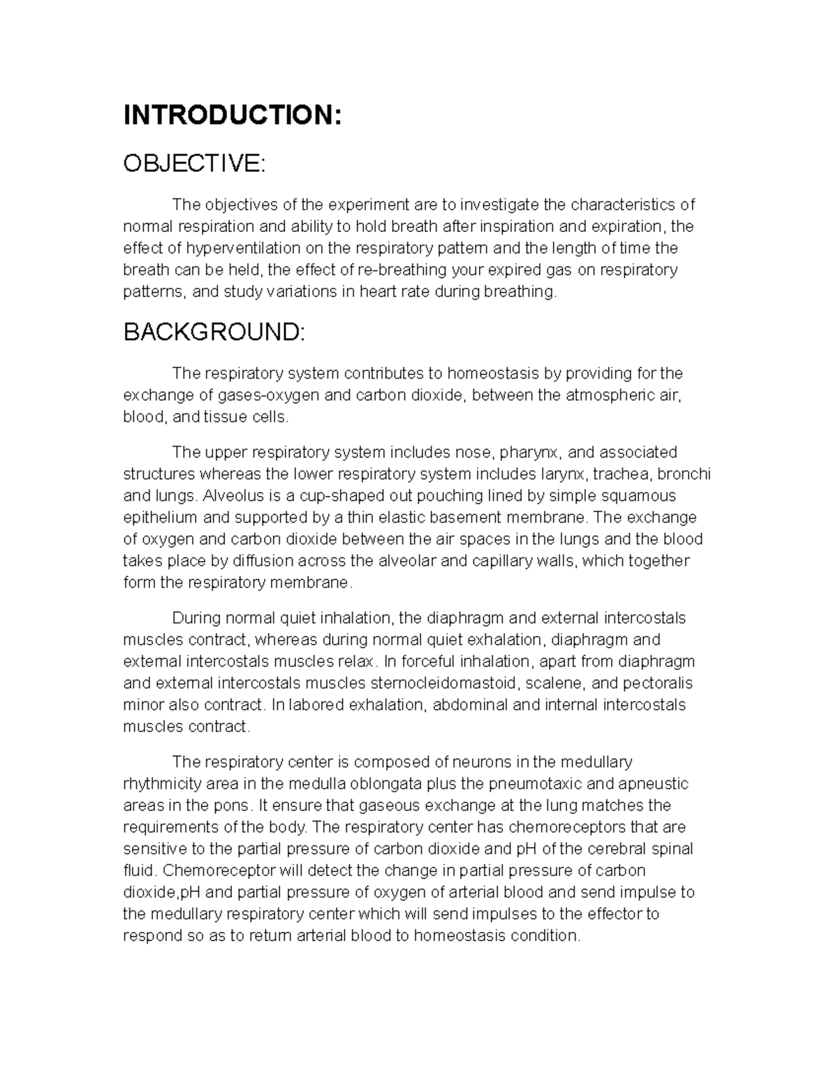 Workshop Breathing Report - INTRODUCTION: OBJECTIVE: The objectives of ...