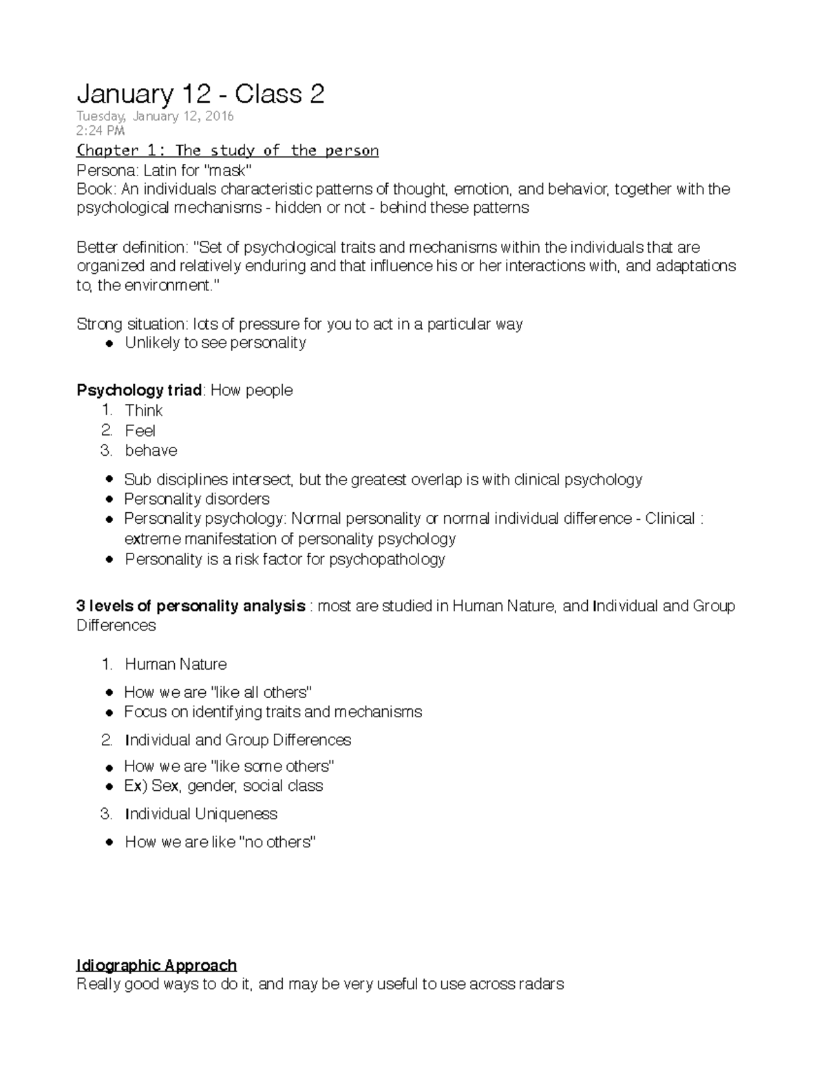 Psychology Of Personality - Lecture notes - psych jan 12 - January 12 ...