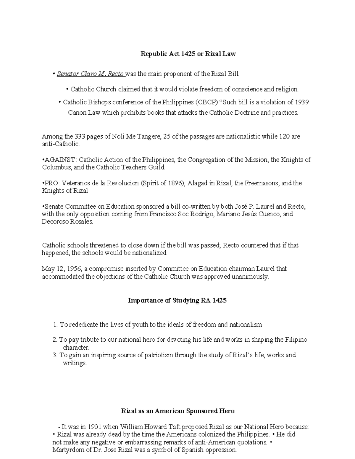 Prelim- Rizal - Republic Act 1425 or Rizal Law Senator Claro M. Recto ...