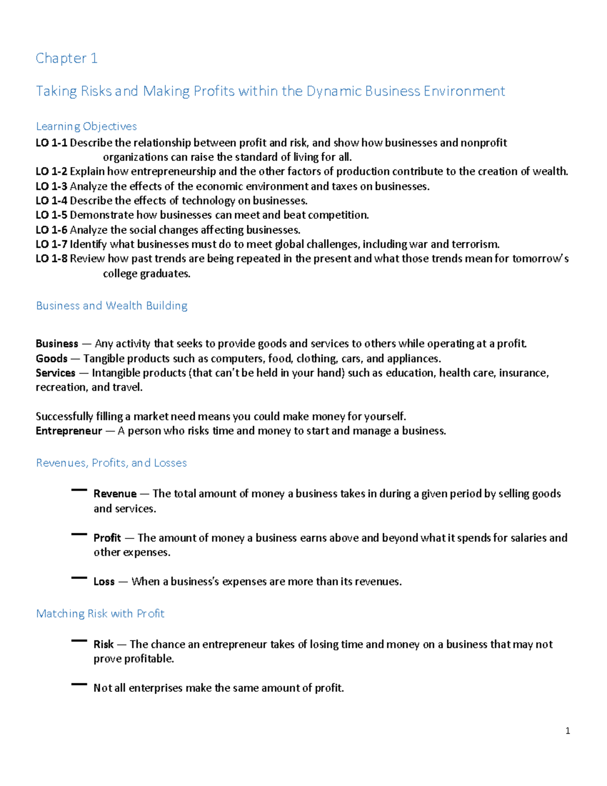 BUS9 Chapter 1 Outline - Chapter 1 Taking Risks and Making Profits ...