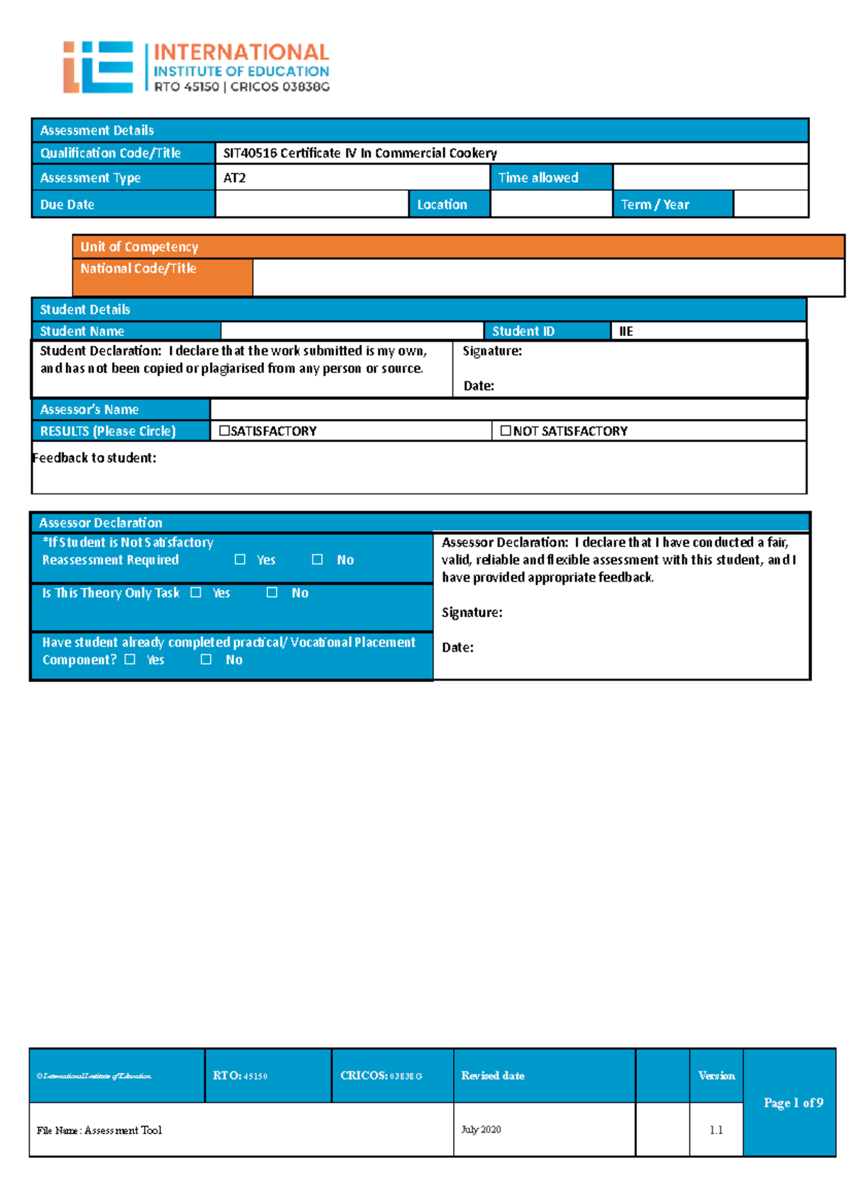 Sitxwhs 002 AT2 - qwerfg - Assessment Details Qualification Code/Title ...