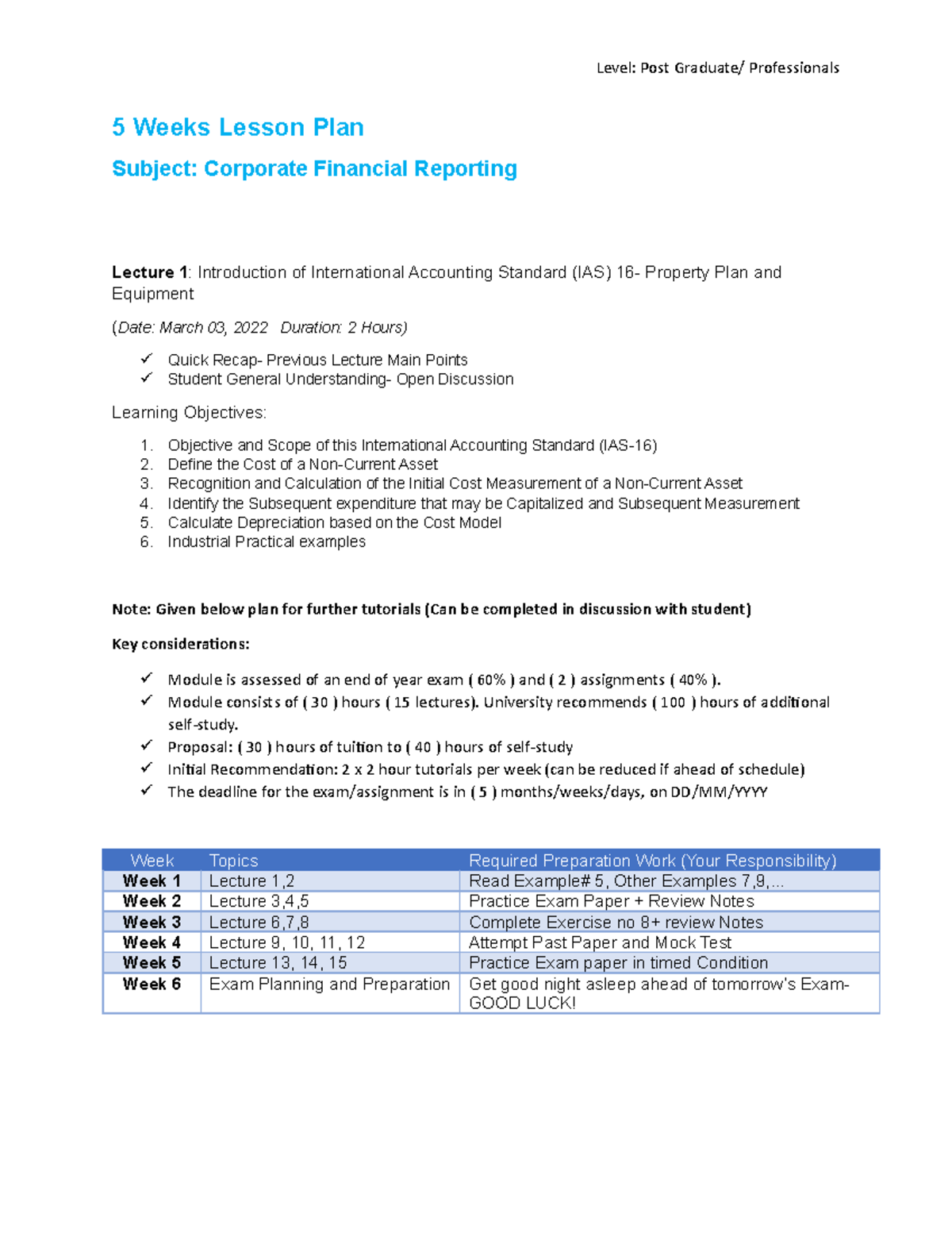 5 Weeks Plan on Lesson Plan to Corporate Accounting - 5 Weeks Lesson ...