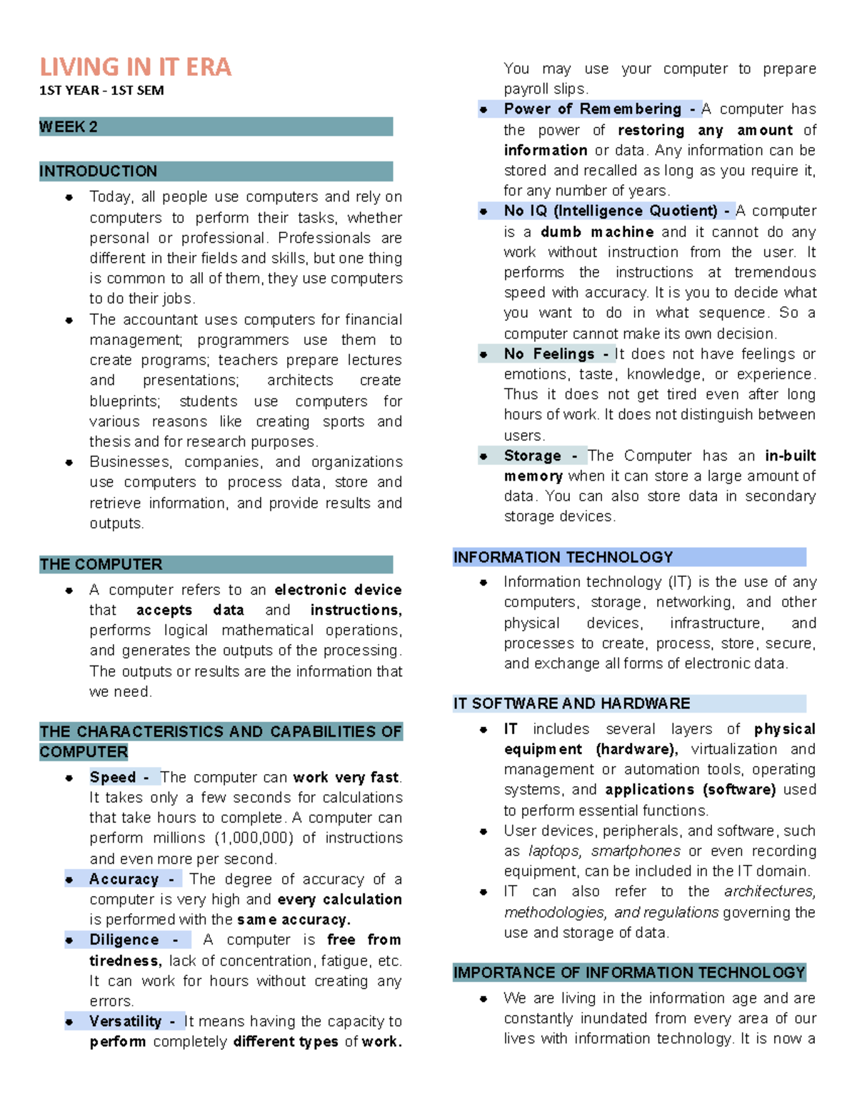 LITE- Reviewer-1 - LITE REVIEWER - LIVING IN IT ERA 1ST YEAR - 1ST SEM ...