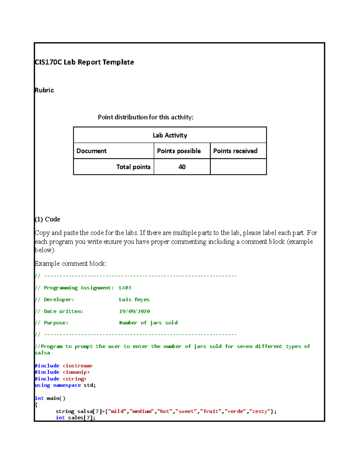 CIS170Lab Report Template - CIS170C Lab Report Template Rubric Point distribution for this ...