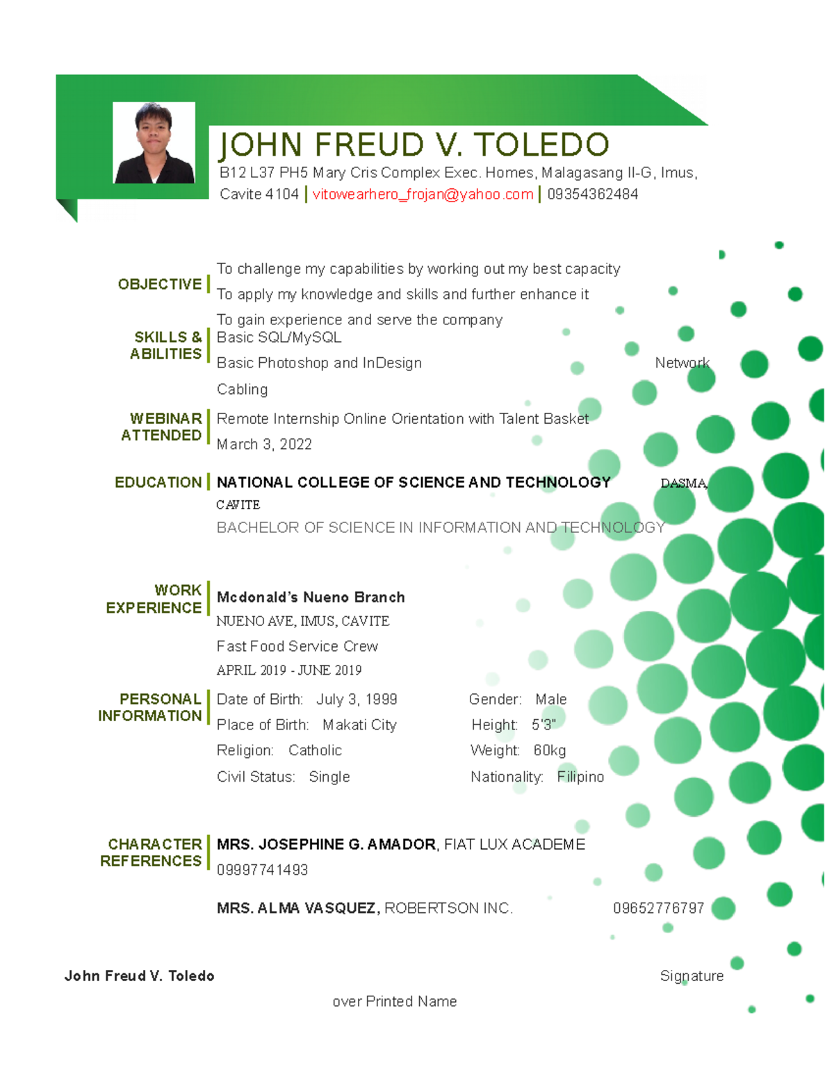 Toledo john freud resume - JOHN FREUD V. TOLEDO B12 L37 PH5 Mary Cris ...
