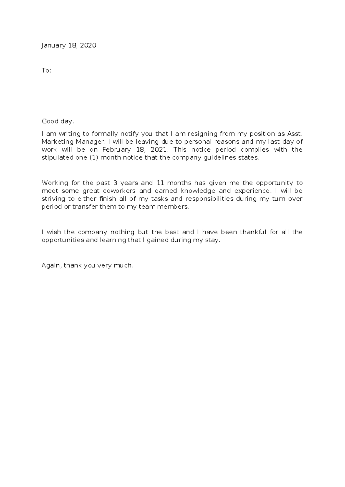 MAJOR PLATE ARKI - January 18, 2020 To: Good day. I am writing to ...